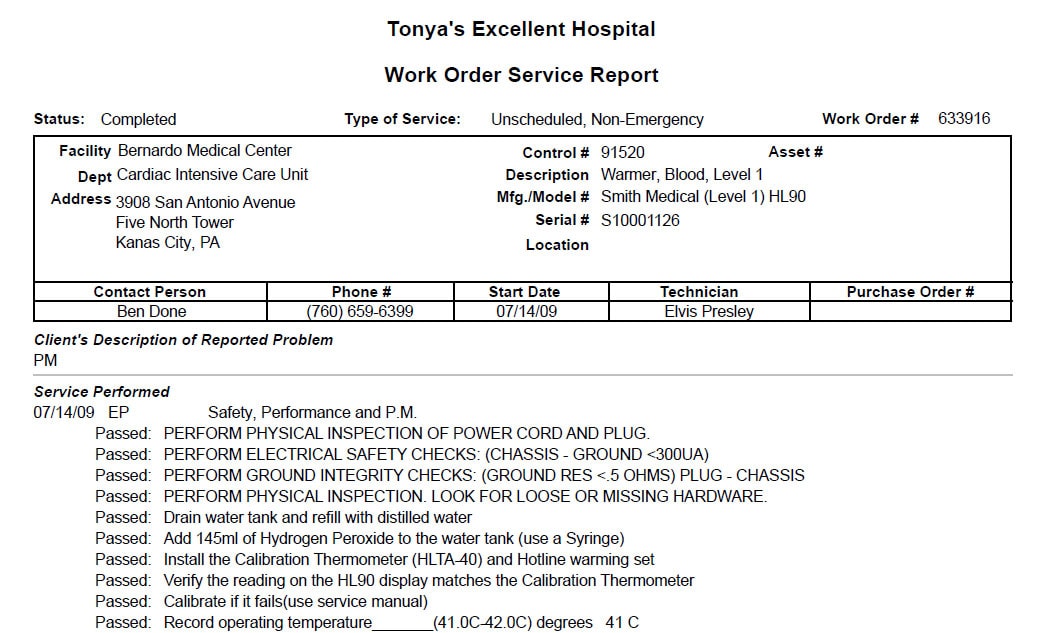 Work Order by Test Device - MediMizer ISO
