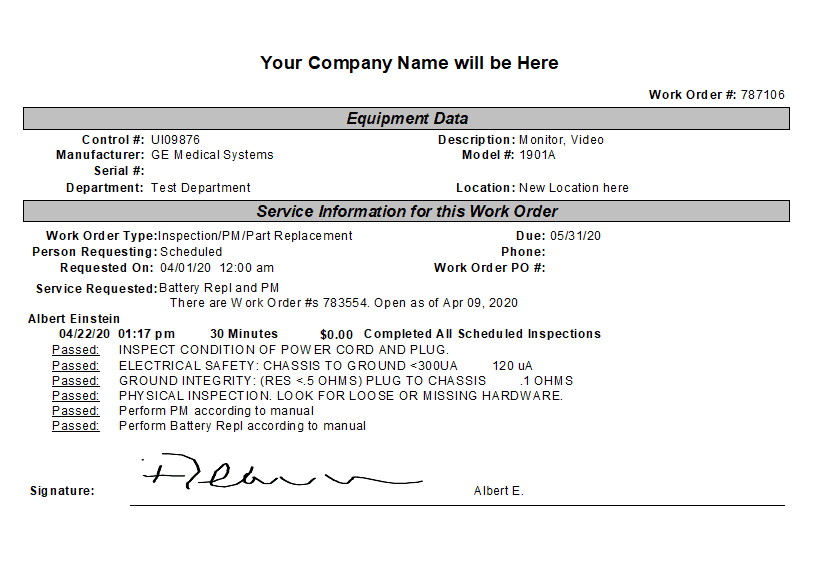 Work Order with Service Information and Signature - MediMizer ISO